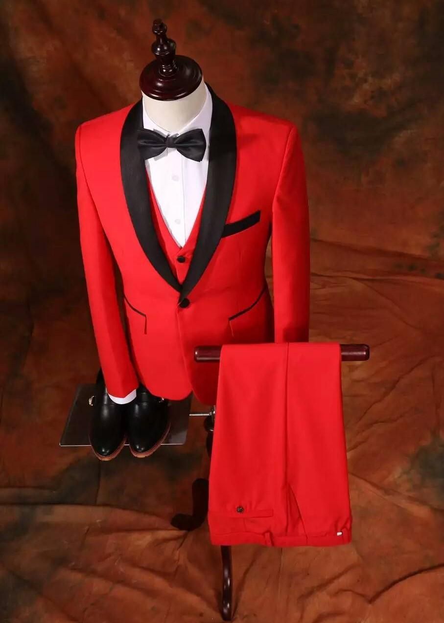 Real Photo One Buttons Red Groom Tuxedos Groomsmen Shawl Collar Men ...