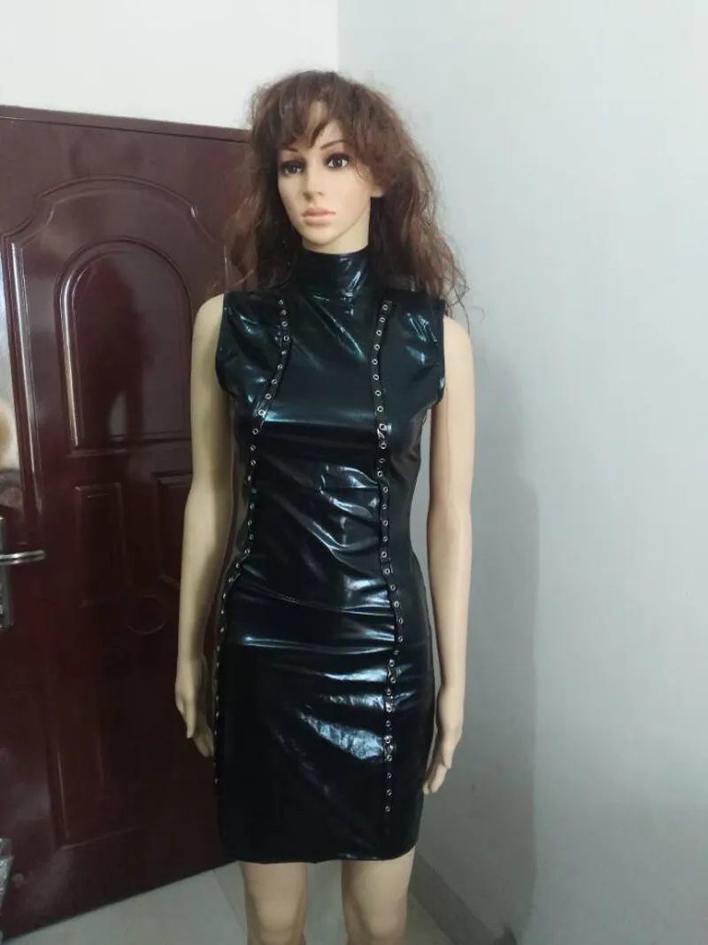 Gothique Punk Faux Cuir Robe Fourreau Femmes Col Roulé Sans Manches