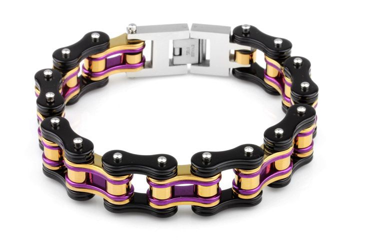 16mm Wide Punk Silver & Purple Bike Chain Bracelet Durable 316L ...