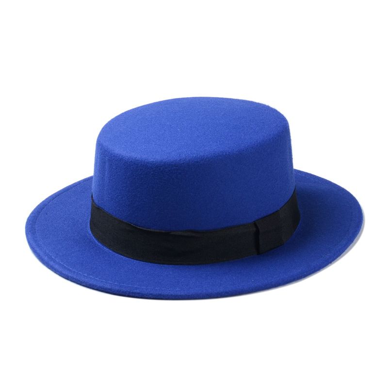 Wool Boater Flat Top Hat Women Men Felt Wide Brim Fedora Cap Laday Prok ...
