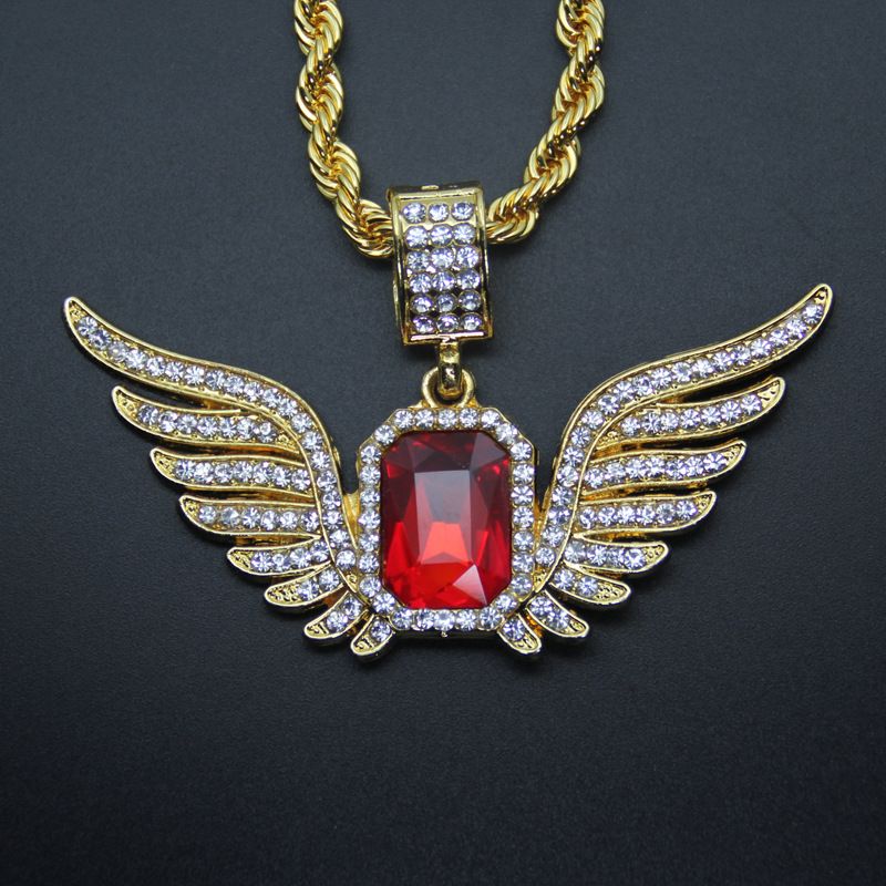 Hip Hop Angel Wings With Big Red Ruby Pendant Necklace For Men Women ...