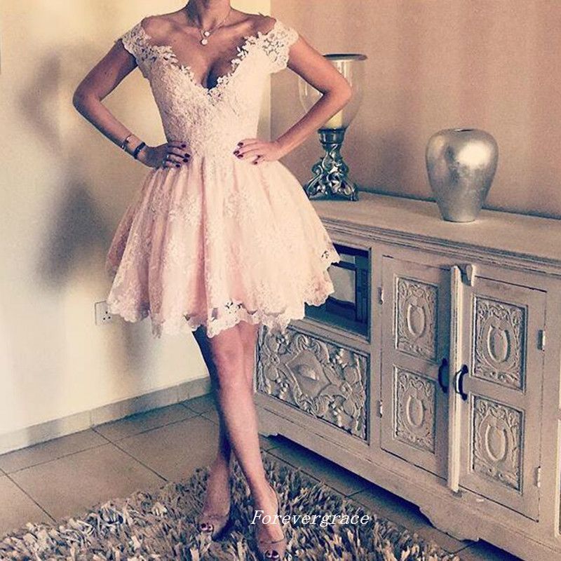 Gorgeous Light Pink Lace Short Prom Dress A Line Deep V Neck Women Wear ...