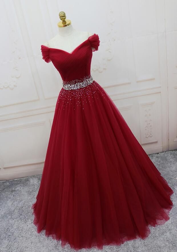 Gorgeous Dark Red Ball Gown Prom Dresses Off Shoulder Lace Up Back Long ...