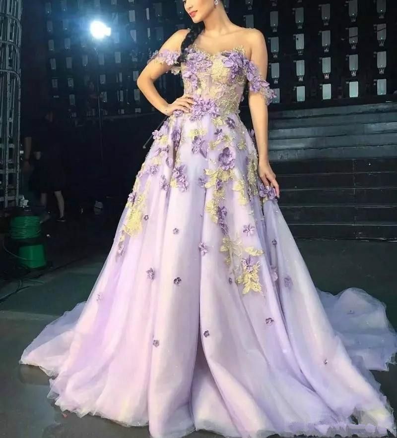2019 Lilac Prom Dresses Long Off The Shoulder 3D Floral Appliques Tulle ...