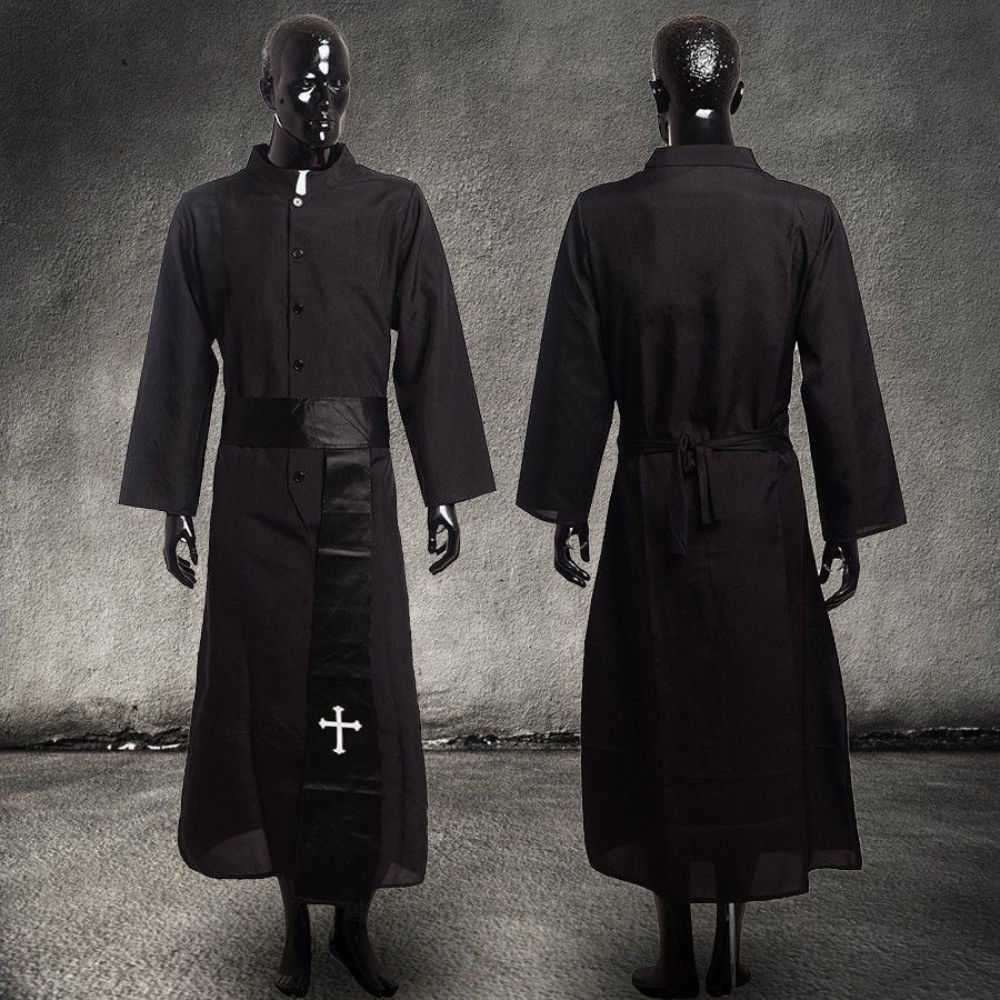 Black Robe Cloak With Belt Minister/Priest Halloween Party Cosplay ...