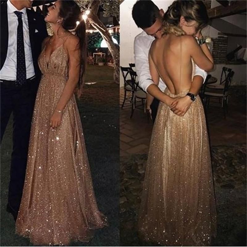 Sexy Backless Prom Dresses Sequined Spaghetti Straps Deep V Neck ...