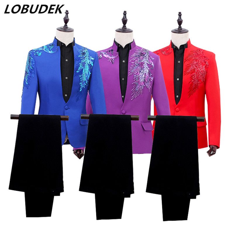 Men Suits Fashion Applique Sequins Blazers Coat Costume Prom Party ...