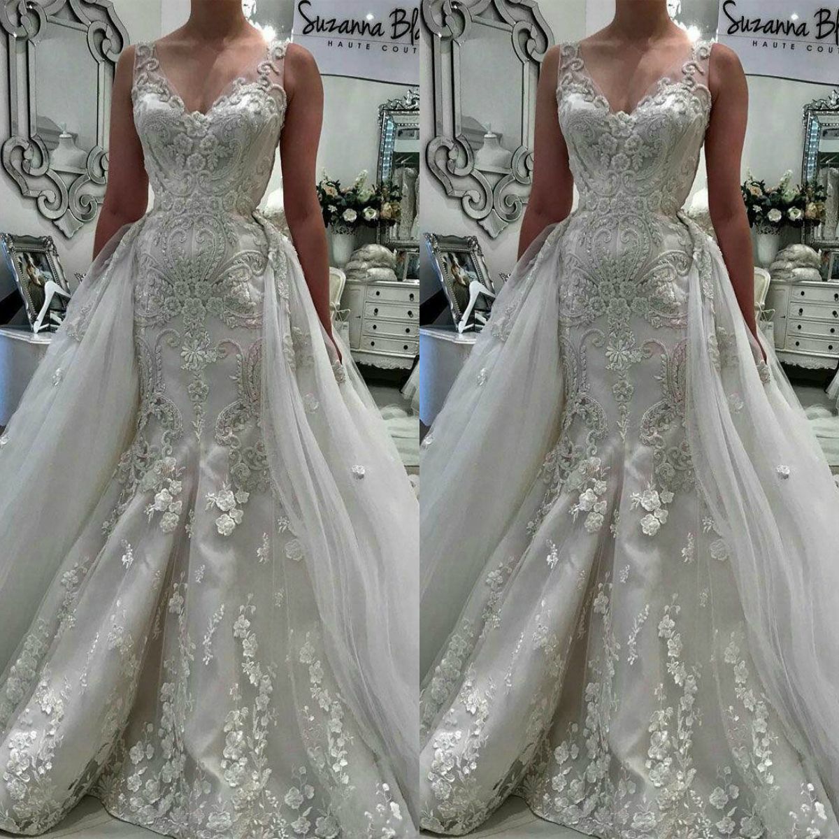 Gorgeous Mermaid 2019 Wedding Dresses With Detachable Skirt V Neck Lace
