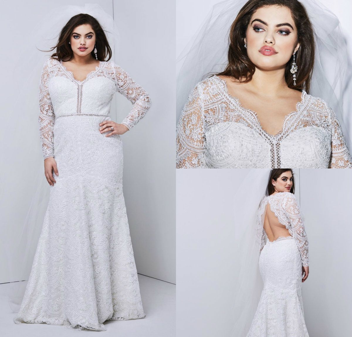 Plus Size Wedding Dresses Mermaid V Neck Lace Hollow Back Long Sleeves ...