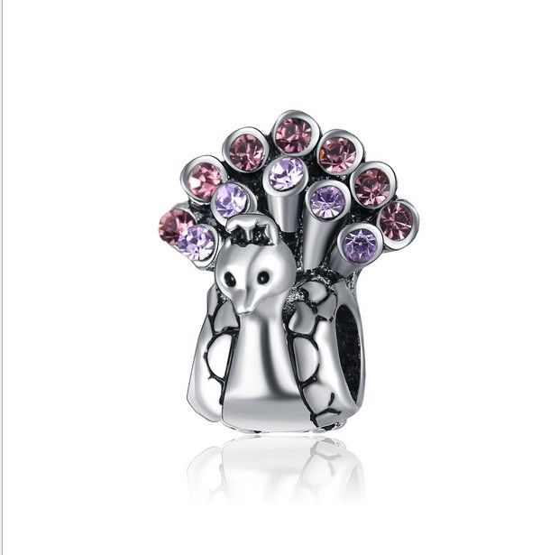 Fits Pandora Bracelets Peacock Crystal Charms Beads Silver Charms Bead ...