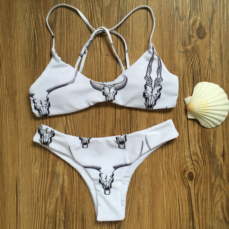 2020 Lady Swimwear White Tau Cow Skull Print Sling Triangle Woman Swimsuit Femme Bikini Summer