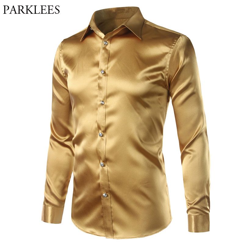 2020 New Gold Silk Satin Shirt Men Slim Fit Long Sleeve Dress Shirts
