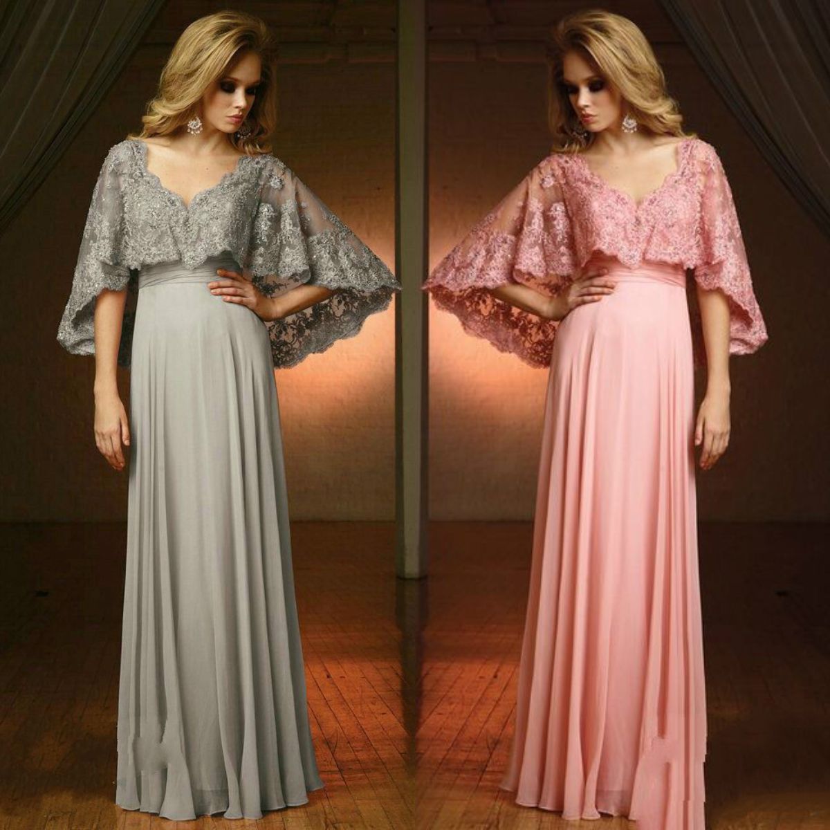 Elegant Gray Pink Mom Sexy Prom Dresses With Lace Cape V Neck Gorgeous