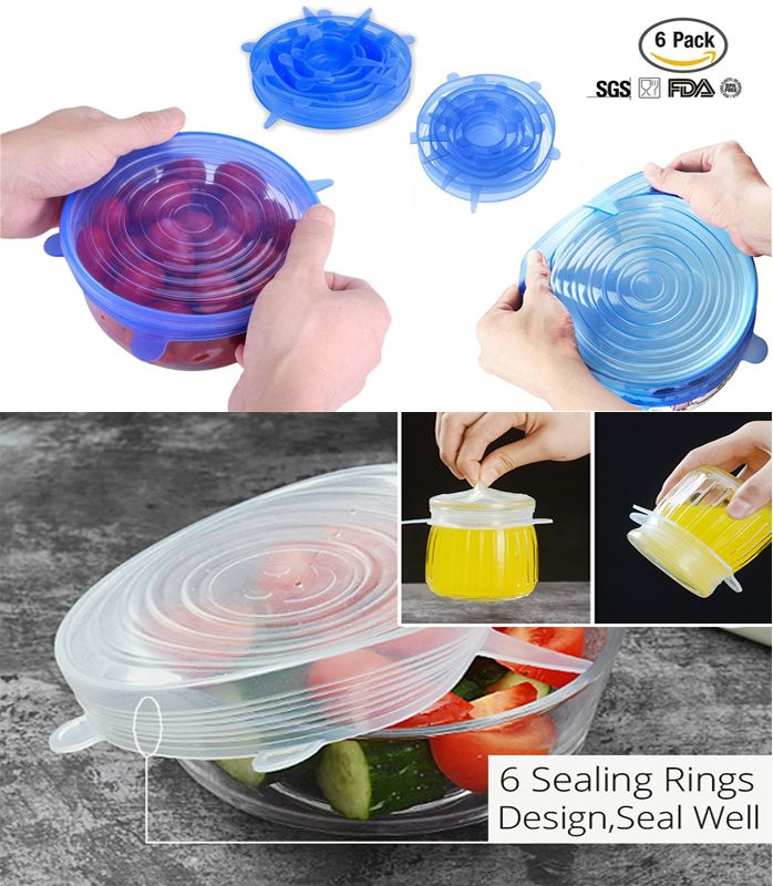 Set Food Grade Silicone Seal Cover Fresh Lid Reusable Vacuum Saran Wrap ...