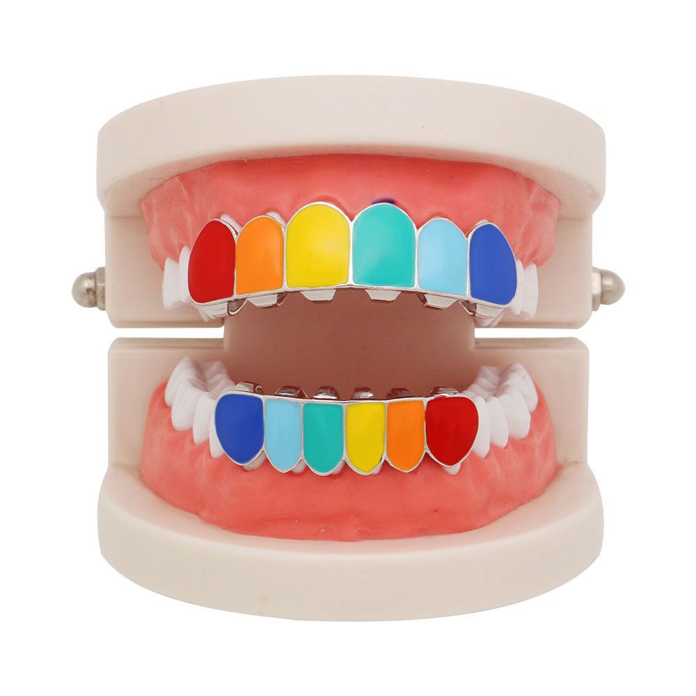 Hip Hop Gold Tekashi 69 Rainbow Teeth Grillz Top&Bottom Colorful Grills ...