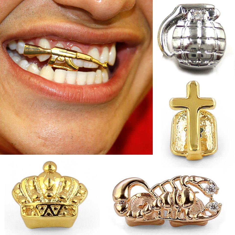 18K Gold Single Teeth Grillz Braces Punk Hip Hop Crown Cross Gun Dental ...