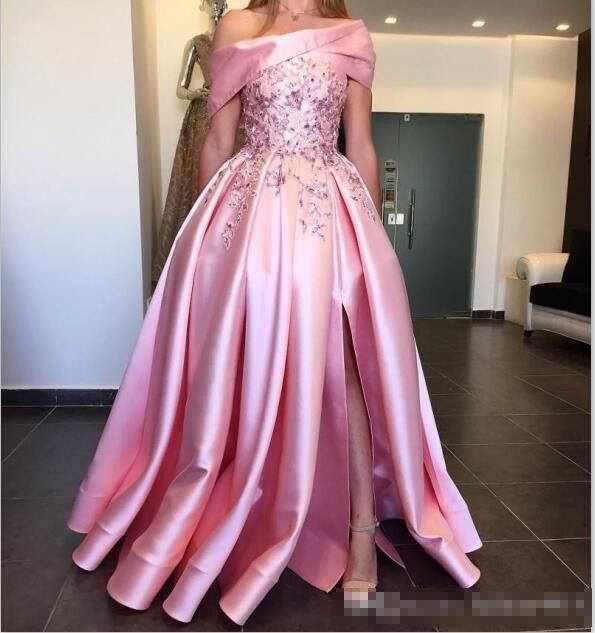 Modest Pink Satin Prom Dresses Pockets Off The Shoulder Side Slit ...