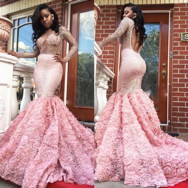 Pink Black Girl Mermaid Prom Dresses Long Sleeves Beaded Bateau Neck ...