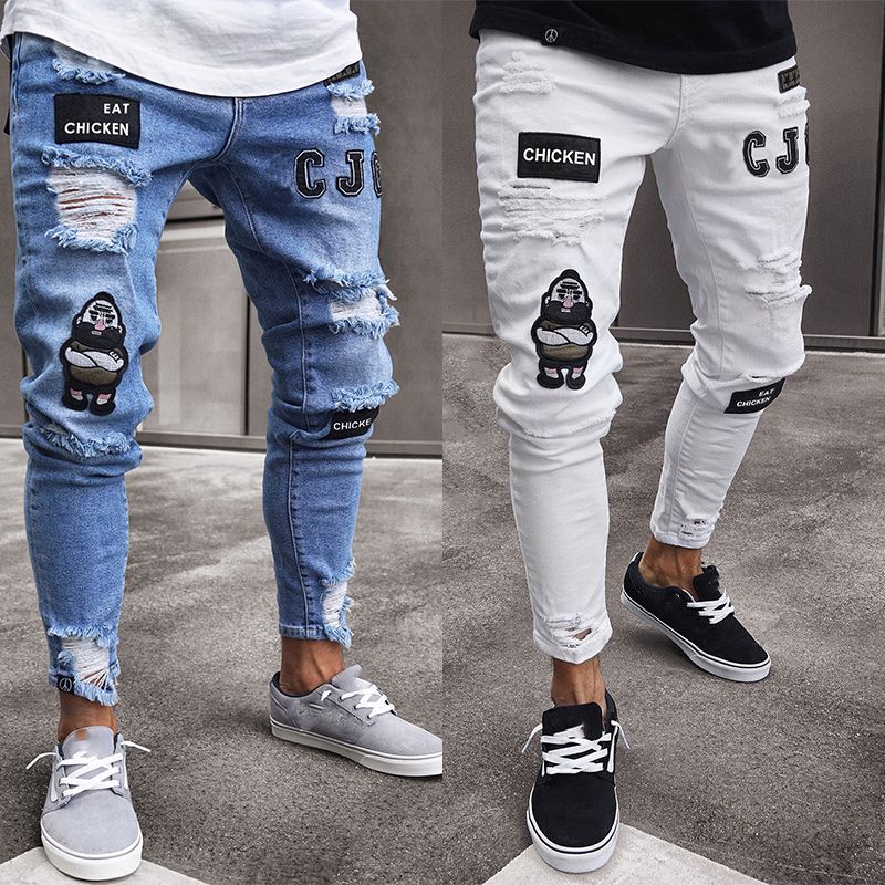 Discount Mens Popular Trend Ripped Letter Pattern Jeans For Men Skinny ...