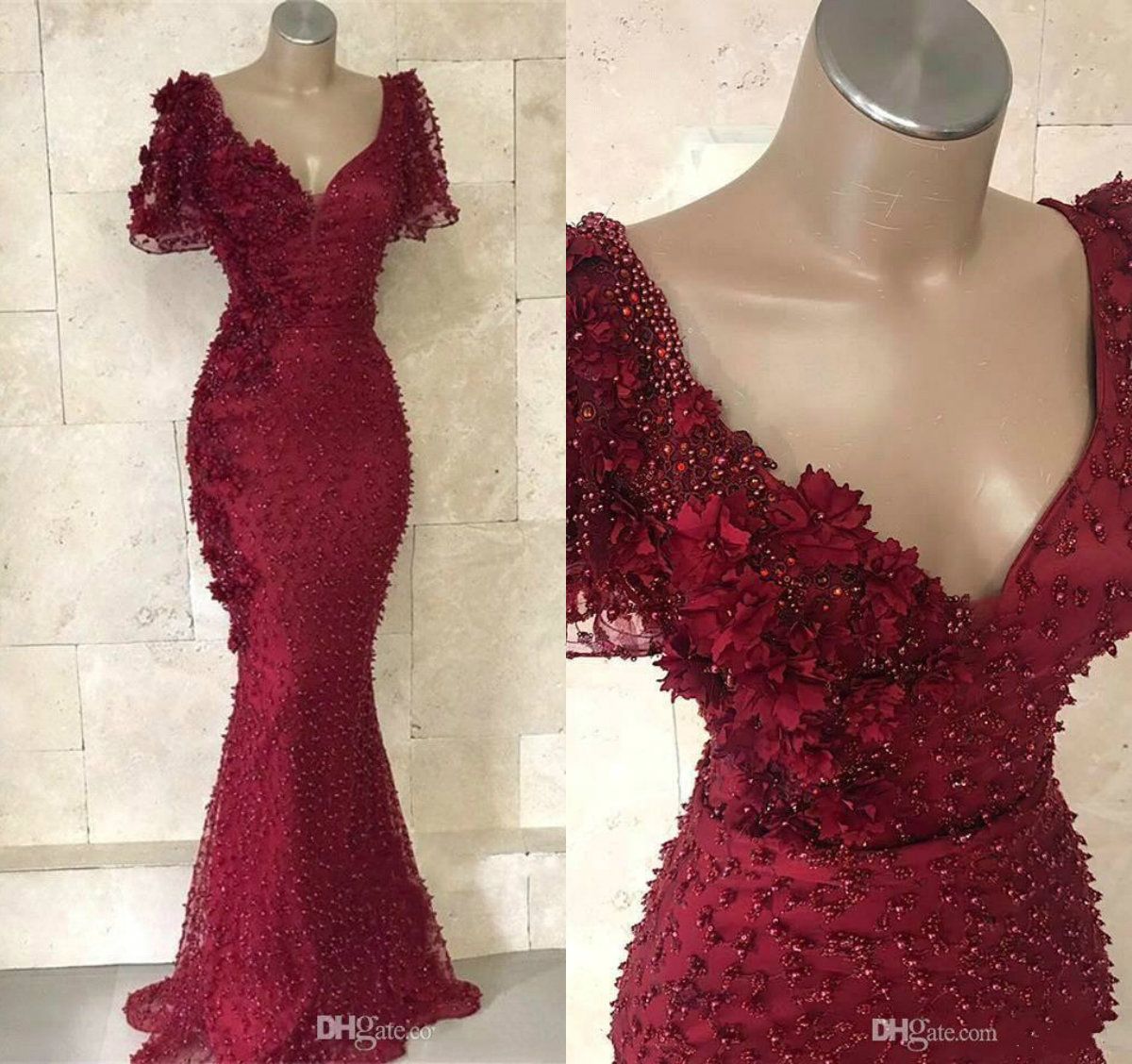 Red Mermaid Evening Dresses V Neck Lace 3D Floral Appliqued Pearls ...
