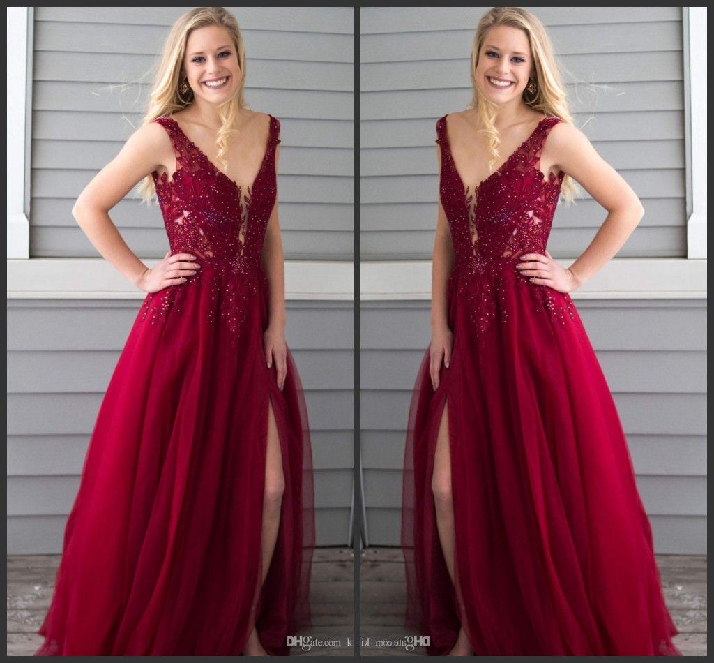 Sexy Deep V Neckline Split Prom Dresses Long Beaded Lace Appliques