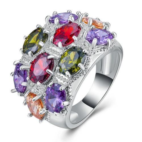 Fashion Ladies Ring Colorful Mixed Color Zircon Silver Plated Jewelry ...