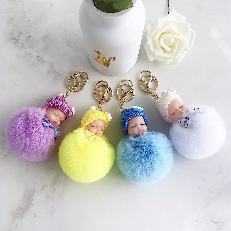 Cute Sleeping Baby Doll Keychain Bow Pompom Ball Carabiner Key Chain ...