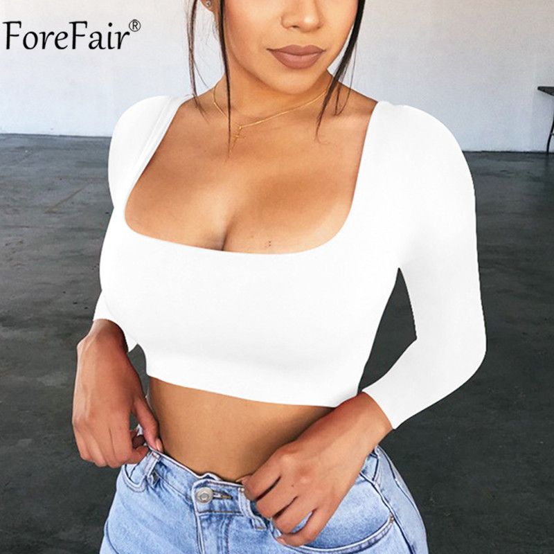 Forefair Square Neck Long Sleeve Crop Top Women Autumn Spring White