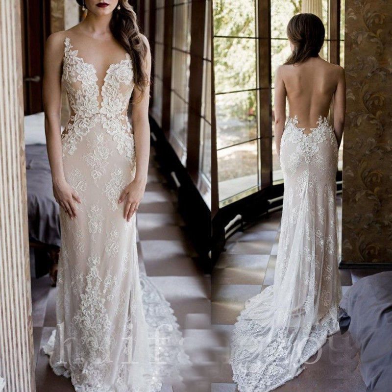 Sheer Mesh Top Lace Mermaid Wedding Dresses 2020 Applique Beaded Sweep ...