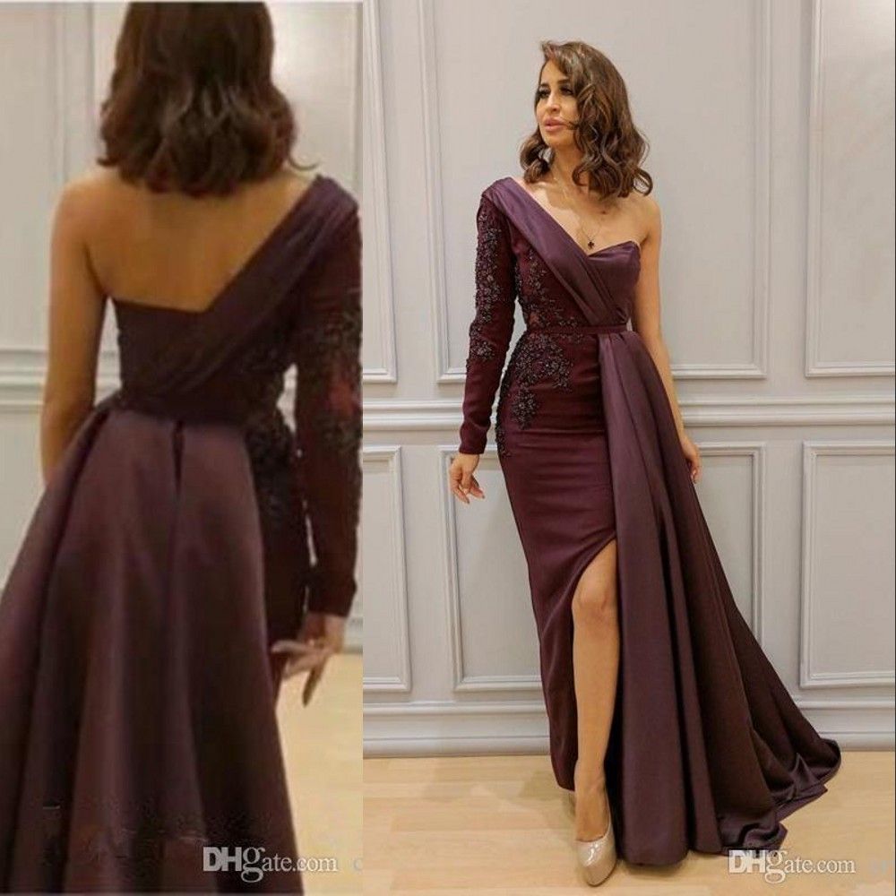 New Sexy Arabic Prom Dresses Sheath One Shoulder Burgundy High Split ...