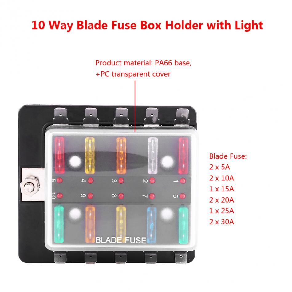 10 Way Blade Fuse Box Circuit Blade Fuse Box Block Holder With LED ...