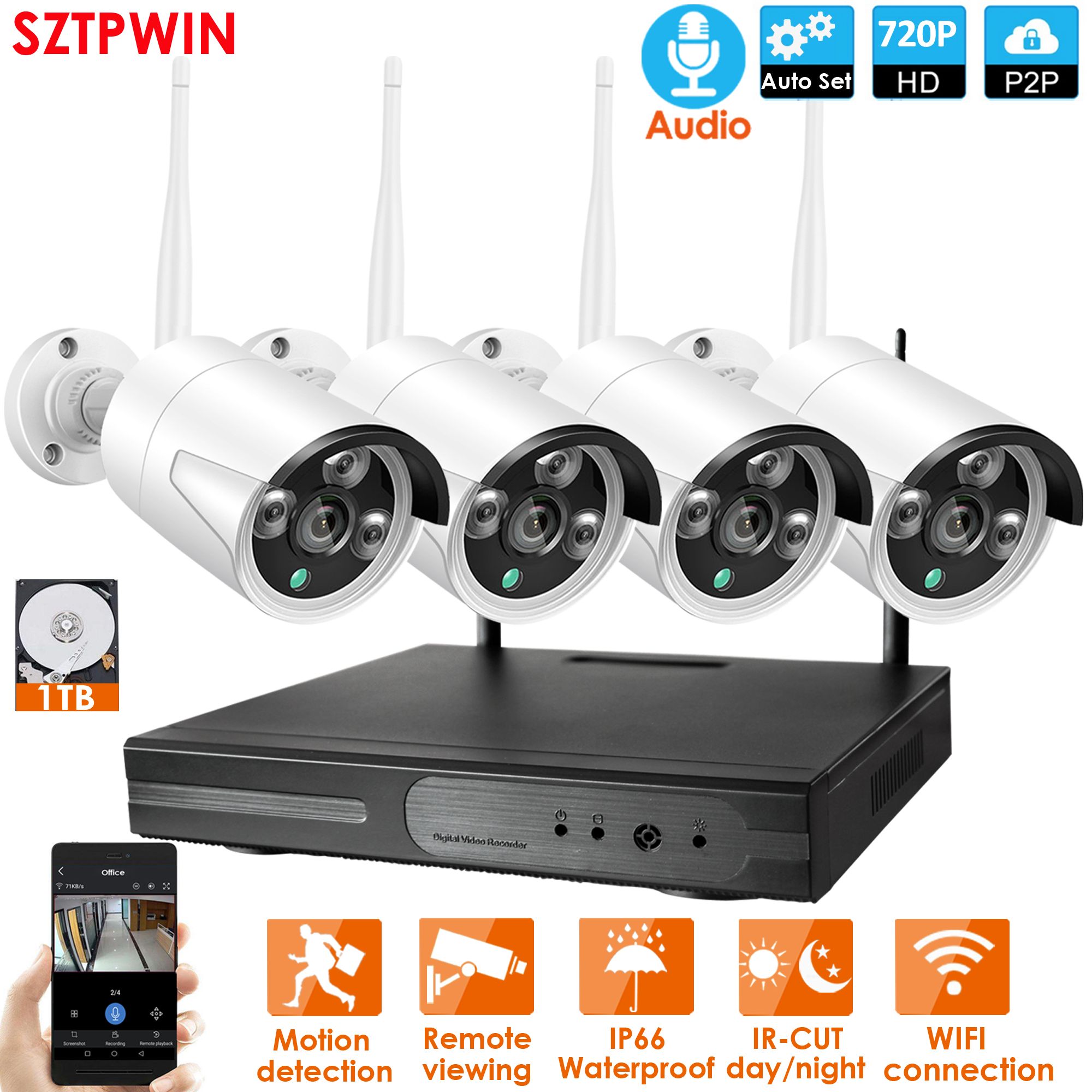 2020 4CH Audio CCTV System Wireless 720P NVR 1.0MP IR Outdoor P2P Wifi ...