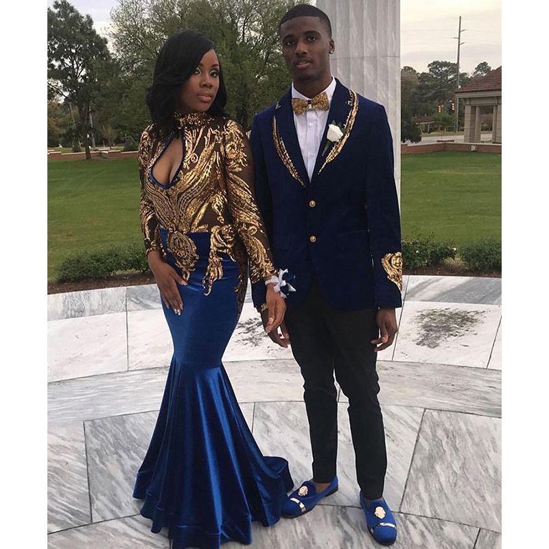 Navy Blue And Gold Prom Dress