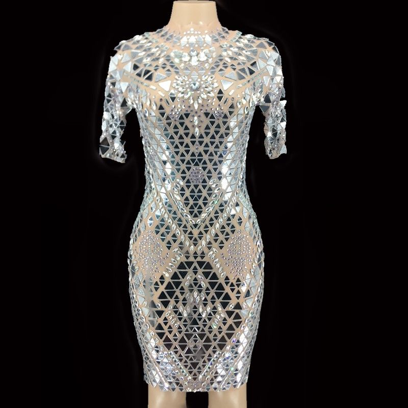 2020 Sparkly Silver Mirrors Stones Mesh Dress Womens Birthday Celebrate