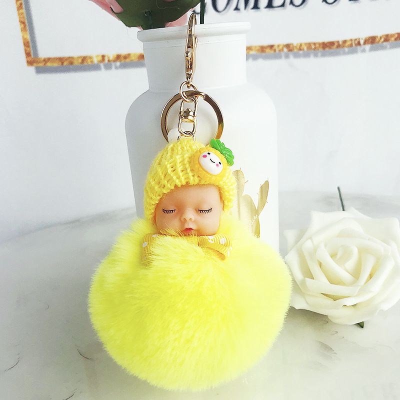 Cute Sleeping Baby Doll Keychain Bow Pompom Ball Carabiner Key Chain ...