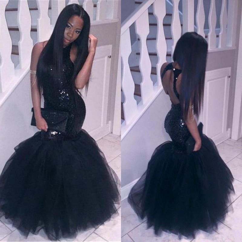 2020 Elegant Black Girl Mermaid Prom Dresses Long Sexy Backless Crew