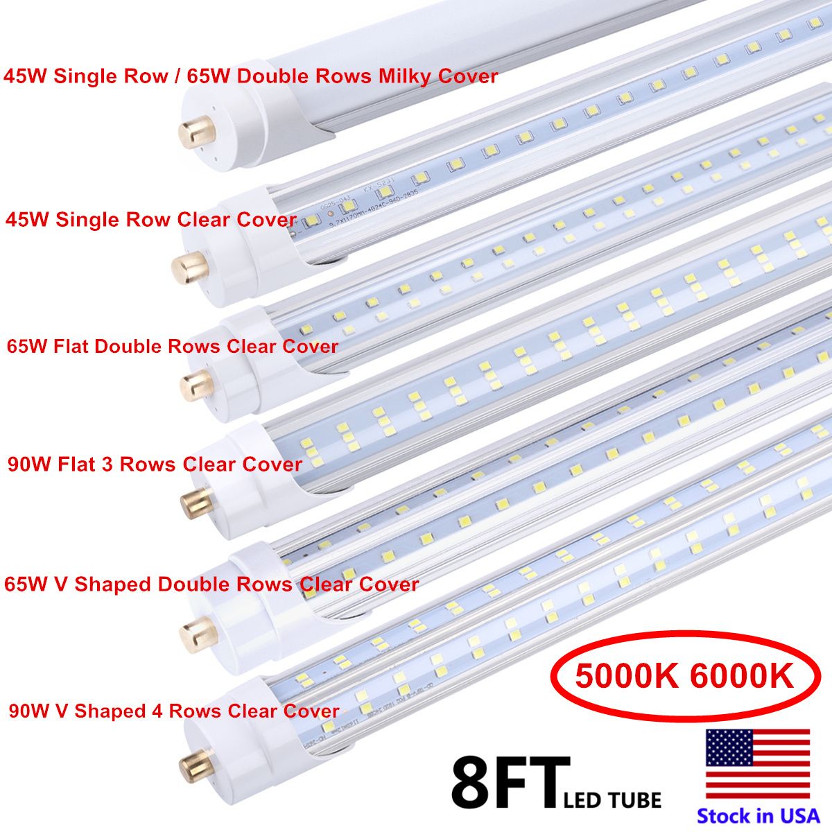 5000K 6000K 8ft LED Tube T8 Single Pin FA8 45W LED Fluorescent Tube ...