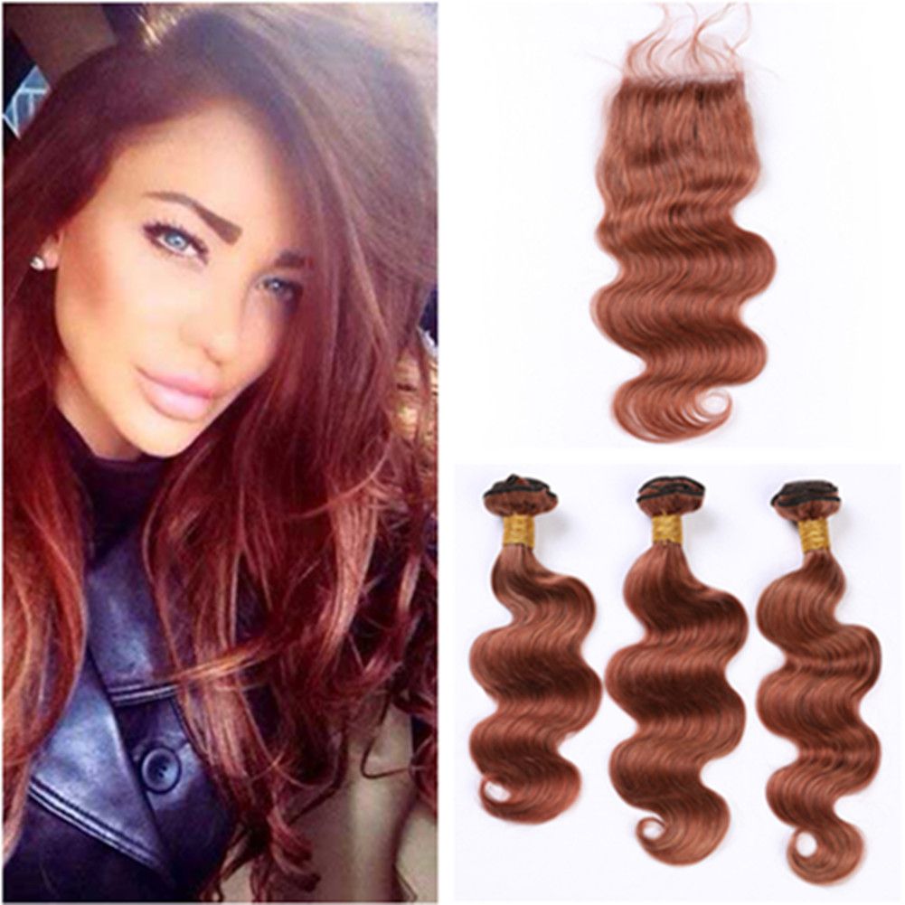 #33 Reddish Brown Peruvian Wavy Human Hair Weave Bundles With Closure ...