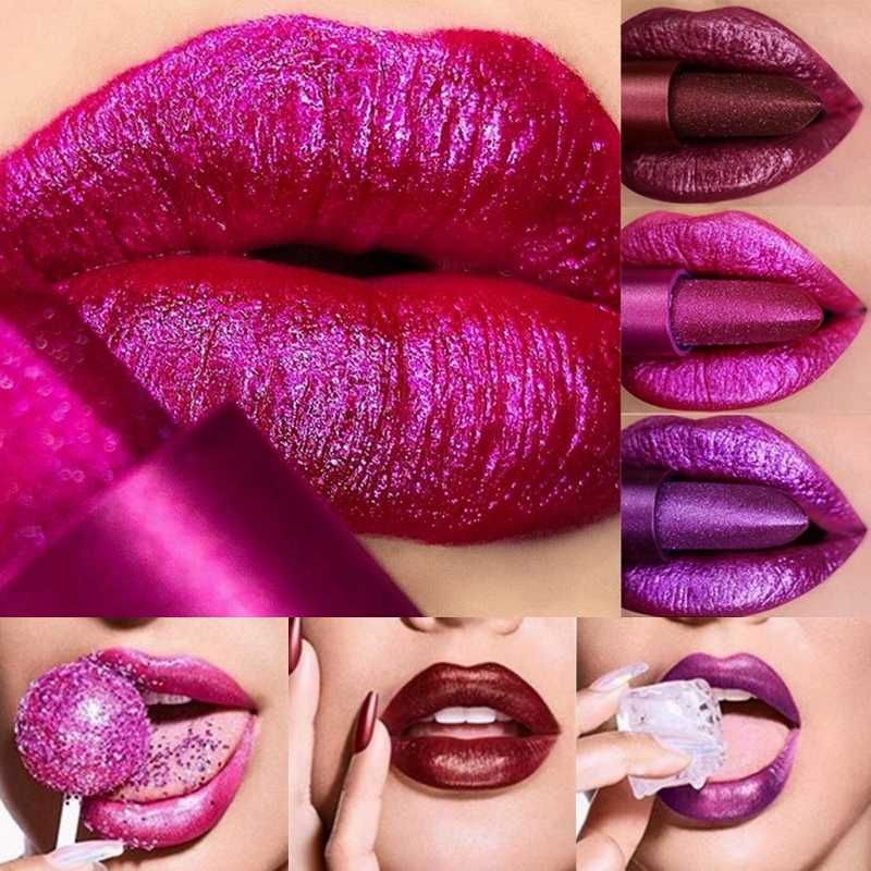 Metallic Color Lipstick Long Lasting Makeup Waterproof Lip Stick Mate Metal Shimmer Sexy Red
