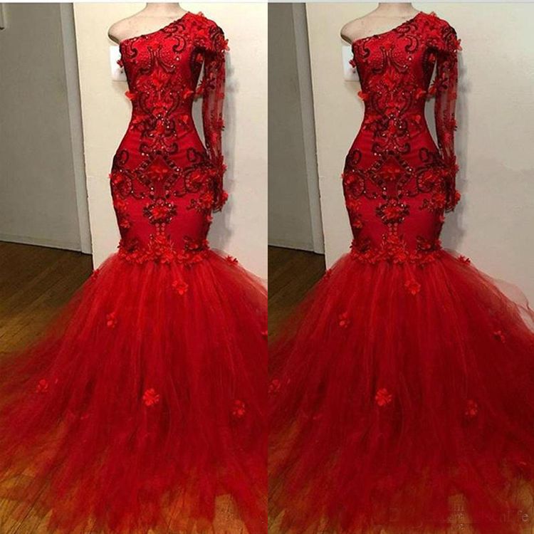 Elegant Red Prom Dresses One Shoulder Long Formal Dresses 2020 Lace ...