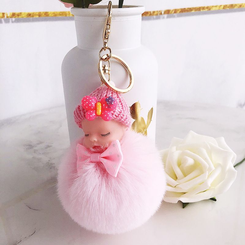 Cute Sleeping Baby Doll Keychain Bow Pompom Ball Carabiner Key Chain ...