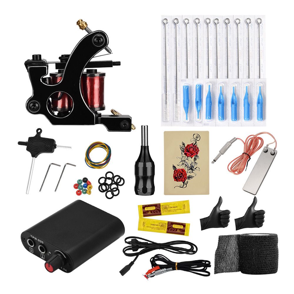 Complete Tattoo Machine Set Coils Guns Grips Pigment Needles Tips Power ...