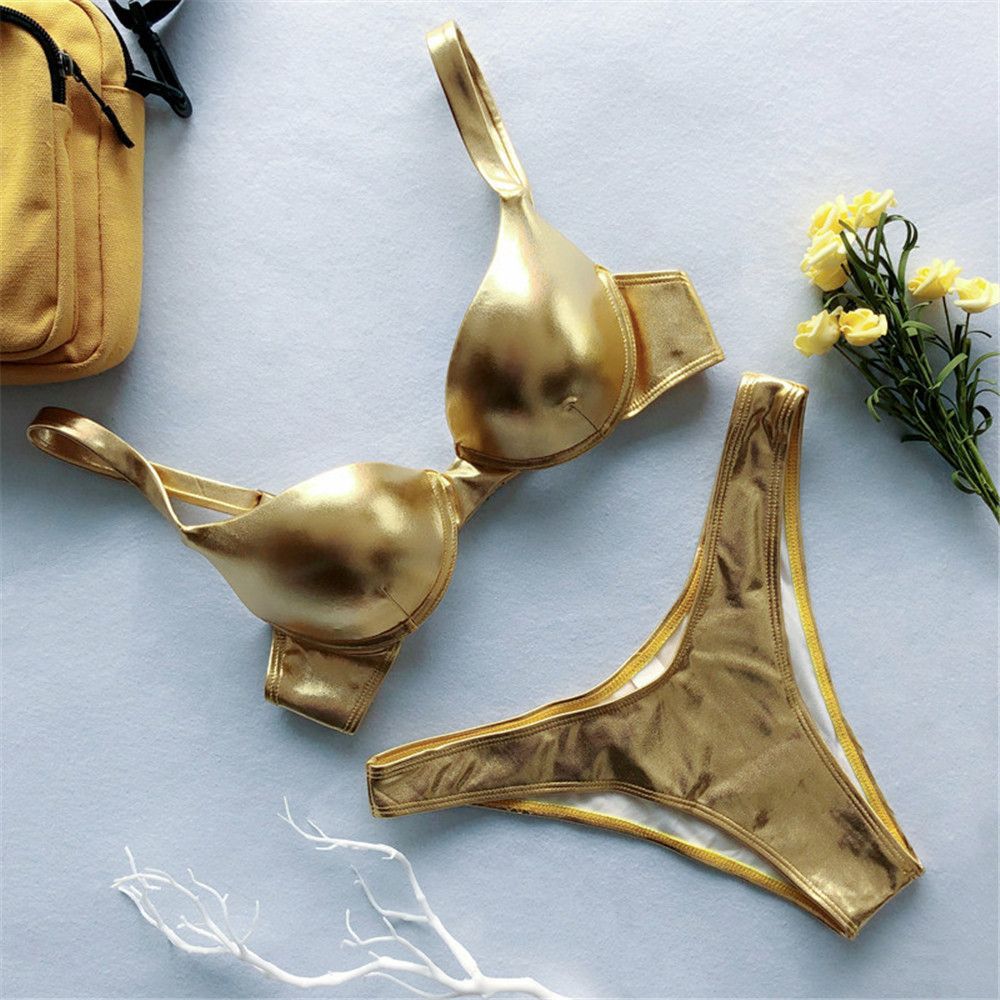 2020 Sexy Reflective Shiny Gold Metallic Brazilian Push Up Bikini Set ...