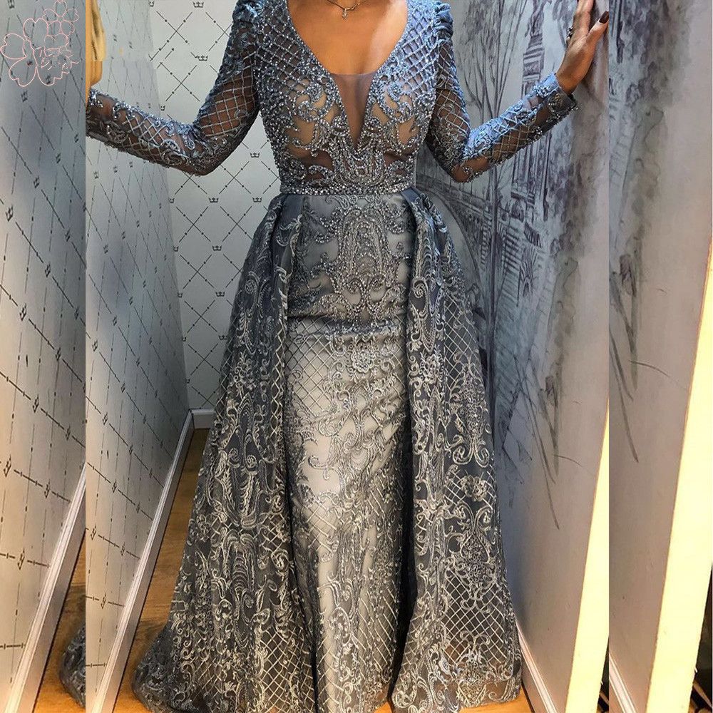 Luxury Dubai Arabic Full Lace Long Sleeves Mermaid Evening Dress 2020 V