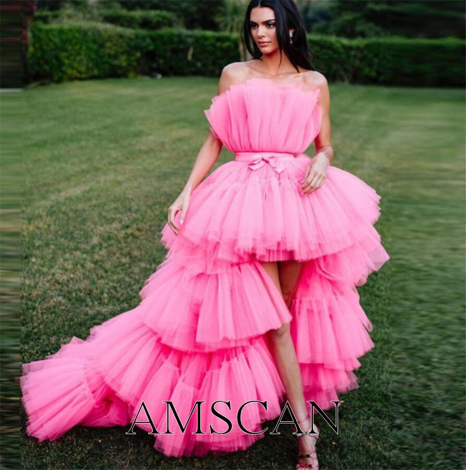 2020 Hot Pink High Low Prom Dresses With Detachable Train Tiered Layers