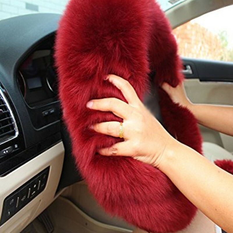 4pcs Red Set Universal Furry Thick Steering Wheel Cover,