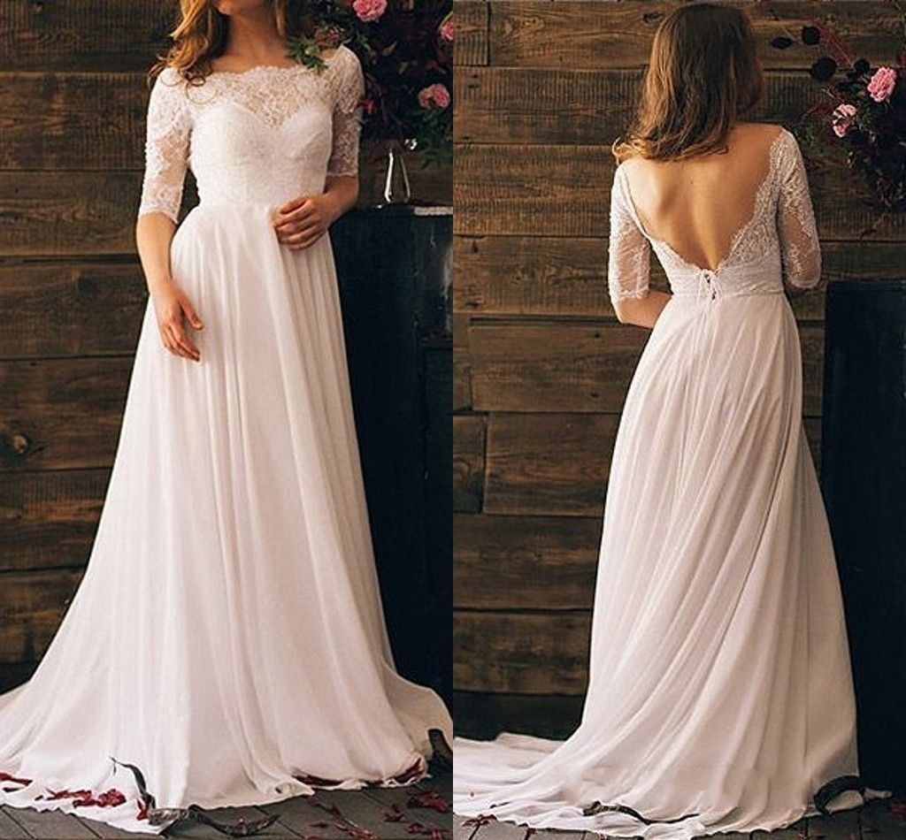 2019 Beach Wedding Dresses With Sleeves Bateau V Open Back Lace Chiffon ...