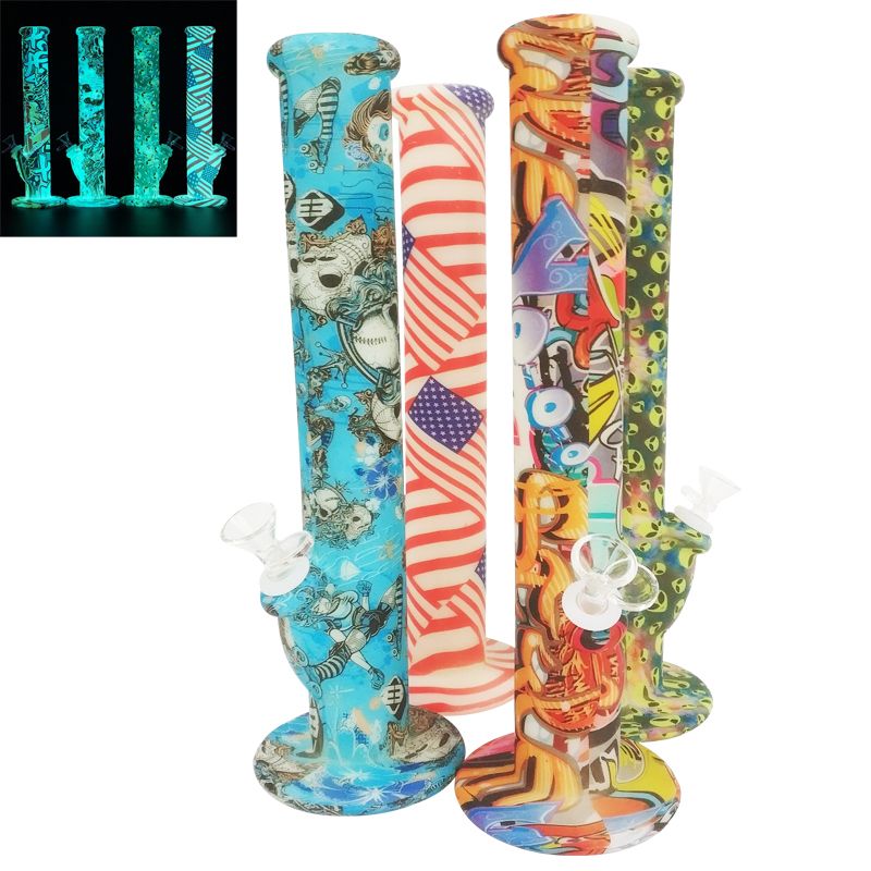 2020 14 Silicone Straight Tube Bong Glow In The Dark Color Printed ...