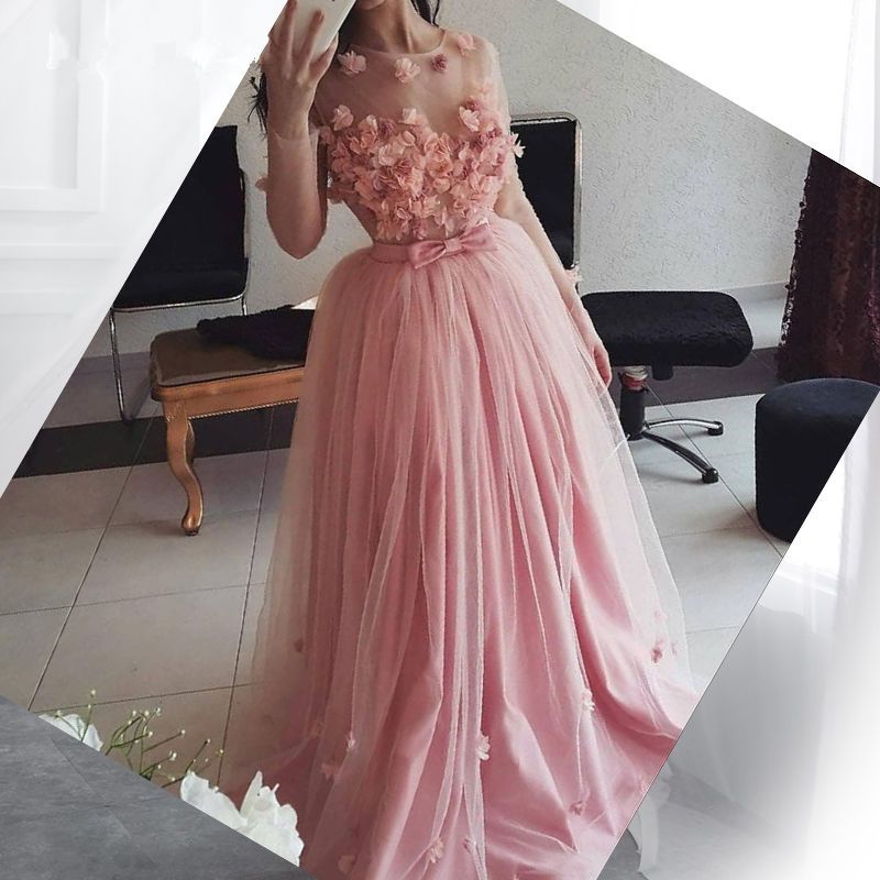 Multi Color Prom Dress A Line Long Sleeve Lace Flowers Appliques ...