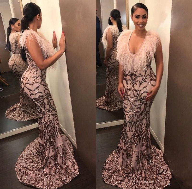 Sexy Prom Dresses 2020 Sparkly Mermaid V Neck Golden Sequin Feather